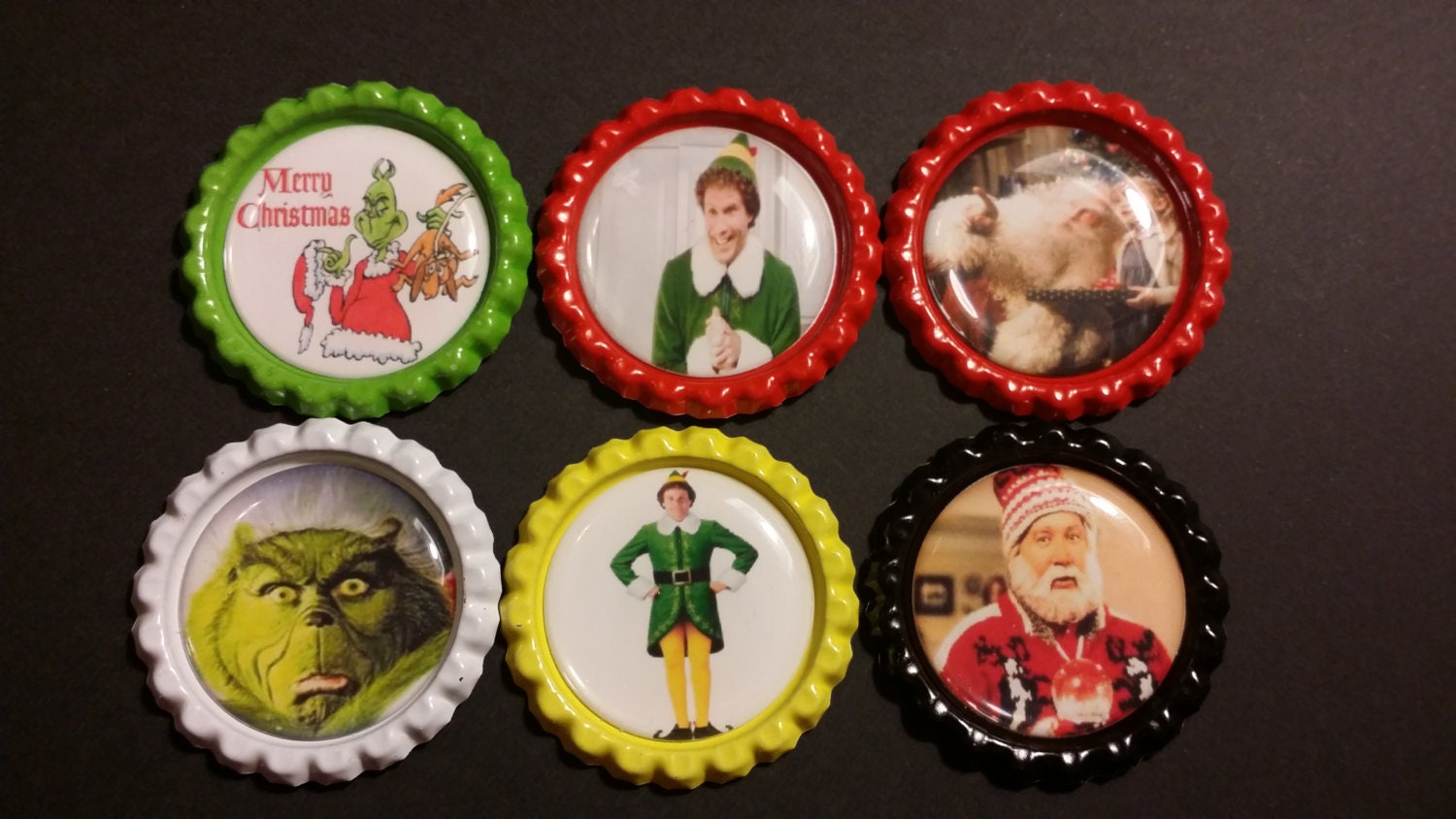Set of 6 Christmas Themed Finished Bottle Caps - Santa Grinch Elf - Etsy