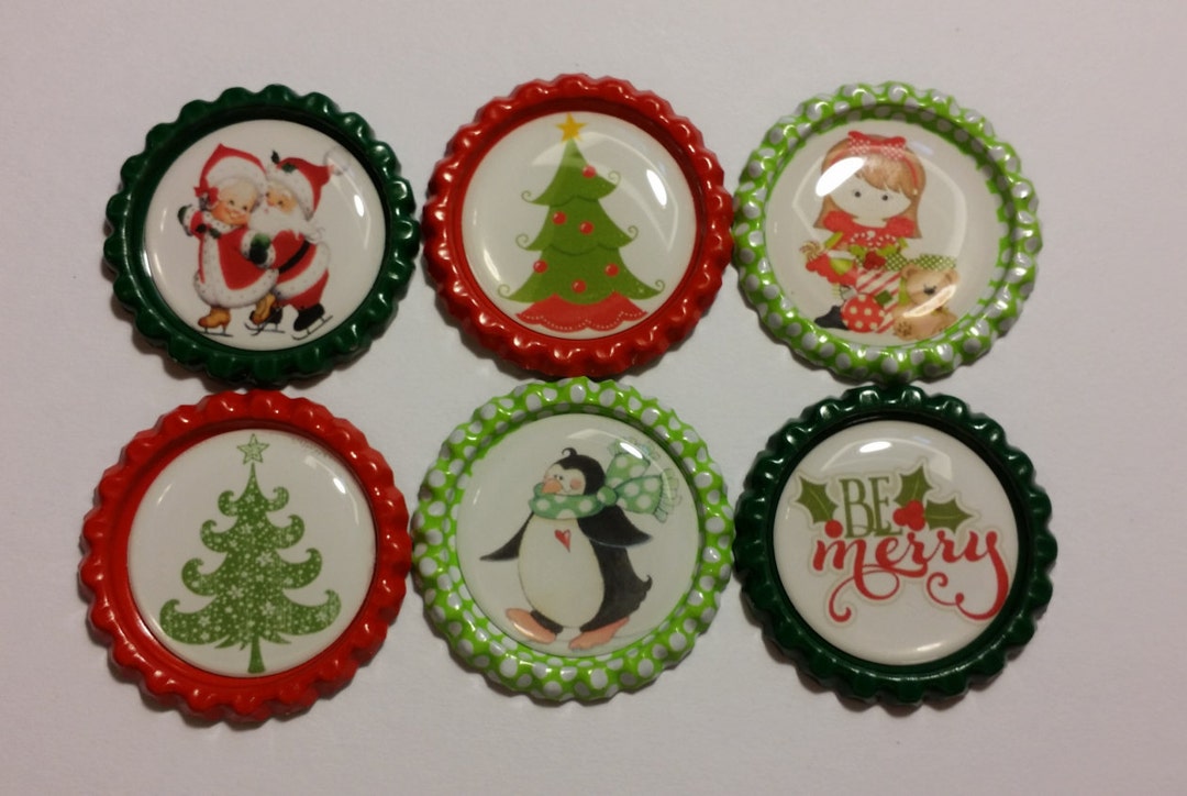 Set of 6 Christmas Themed Finished Bottle Caps - Etsy