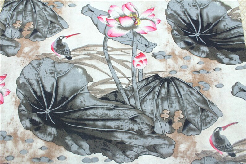 Water Painting Style,lotus Fabric Floral Cotton Linen Fabric, Large ...