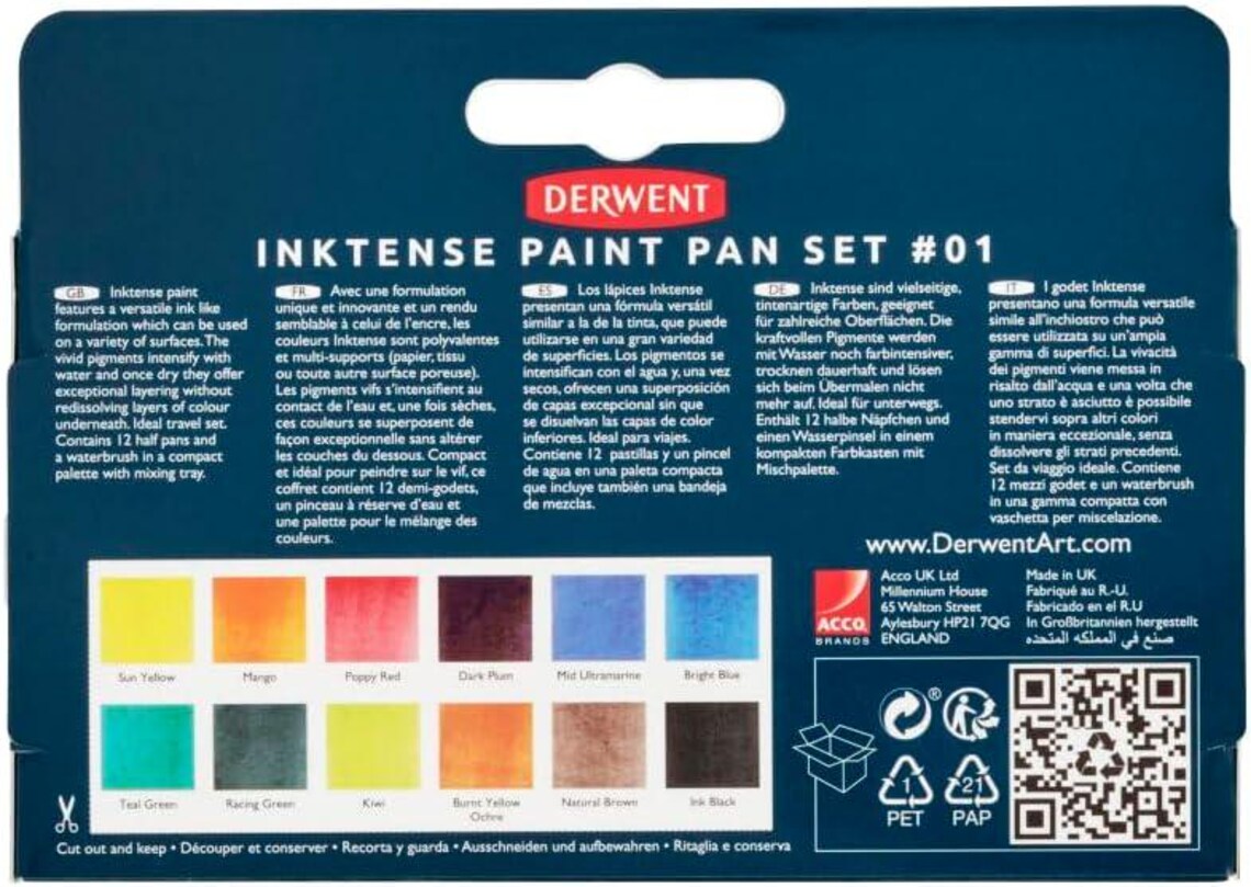 Derwent Inktense Vivid Permanent Watercolour Ink Paint Pan Travel Set ...