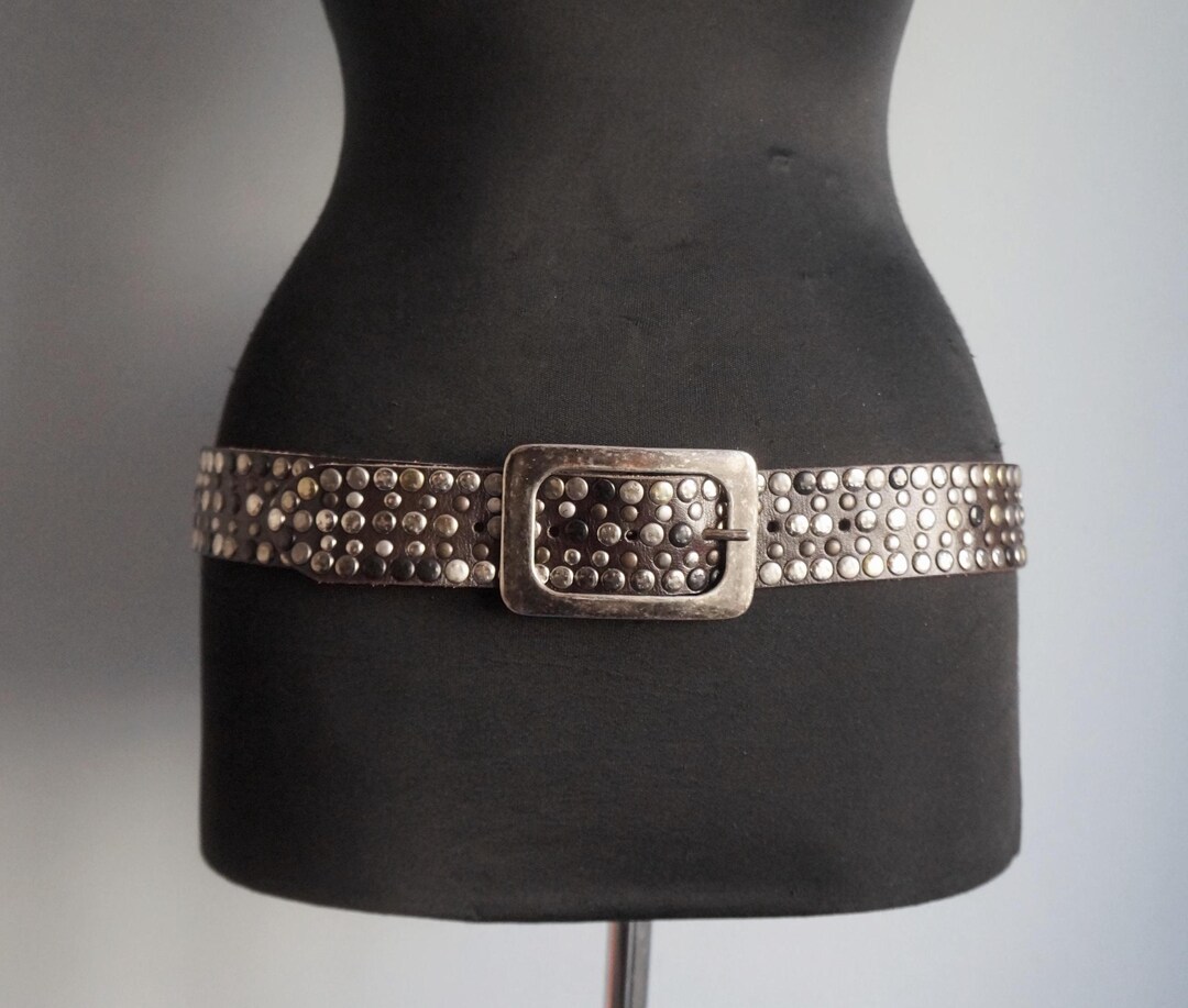 Very Dark Brown Thick Leather Low Waist Belt, Silver & Black Rivets ...