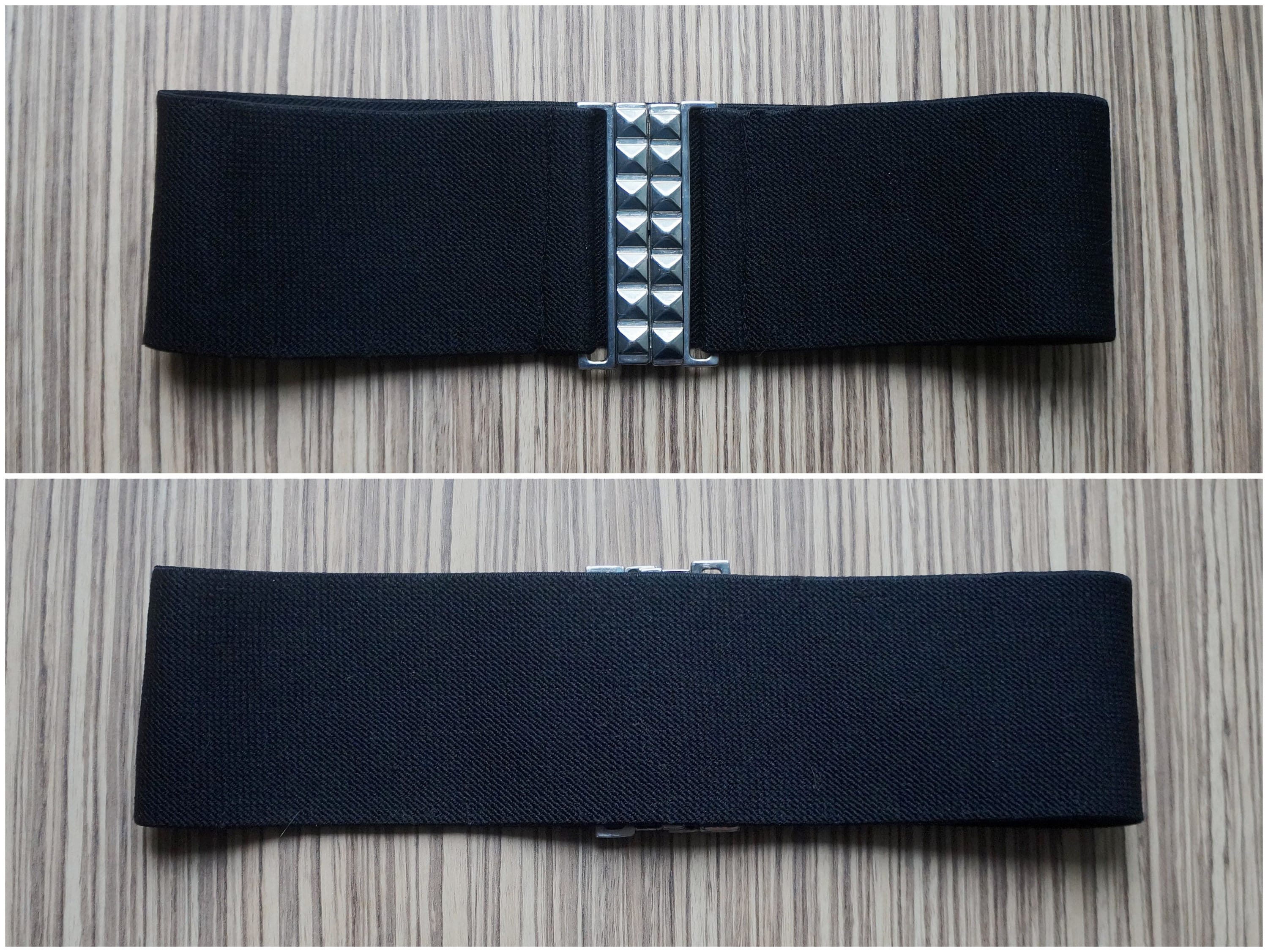 Wide Black Elastic Strap Cinch Belt, Metallic Silver Clasp, Figure ...
