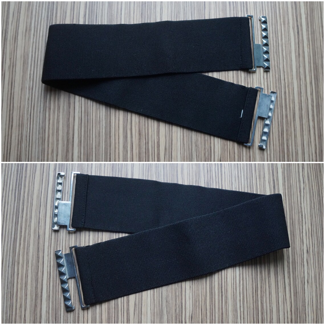 Wide Black Elastic Strap Cinch Belt, Metallic Silver Clasp, Figure ...