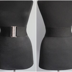 Wide Black Elastic Strap Cinch Belt, Metallic Silver Clasp, Figure ...