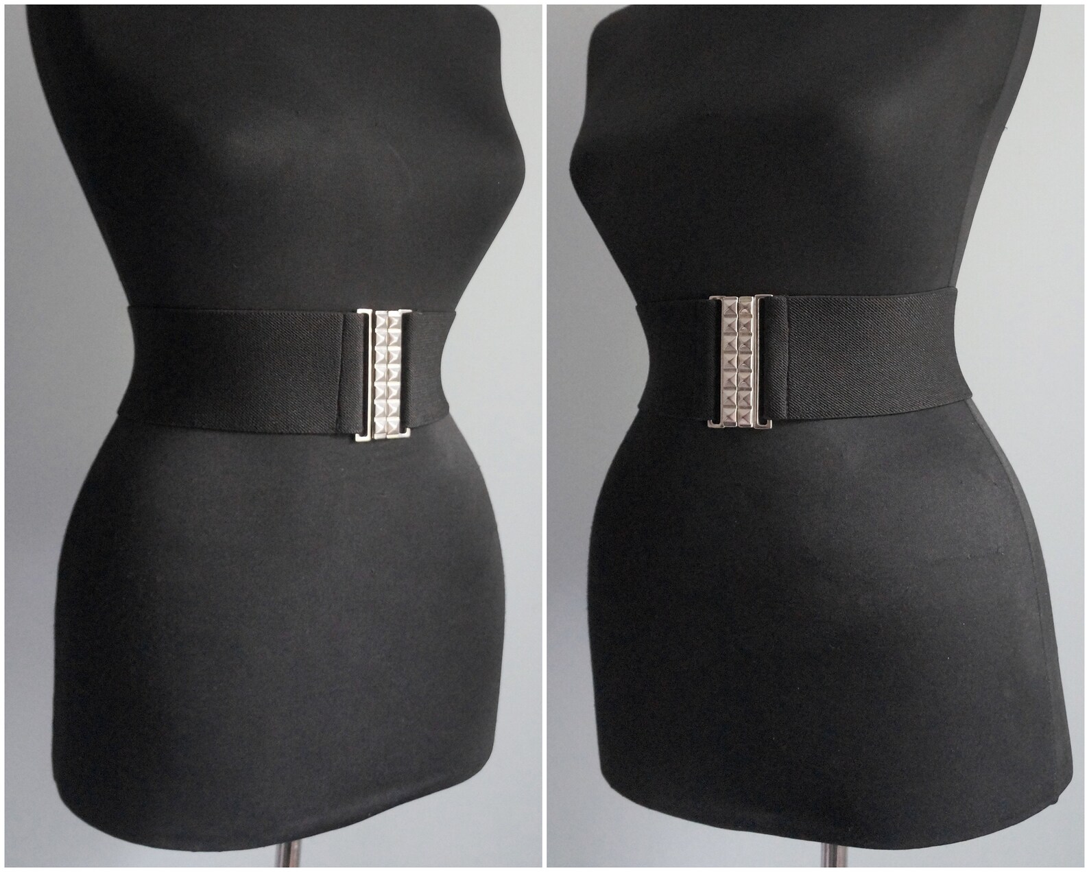 Wide Black Elastic Strap Cinch Belt, Metallic Silver Clasp, Figure ...