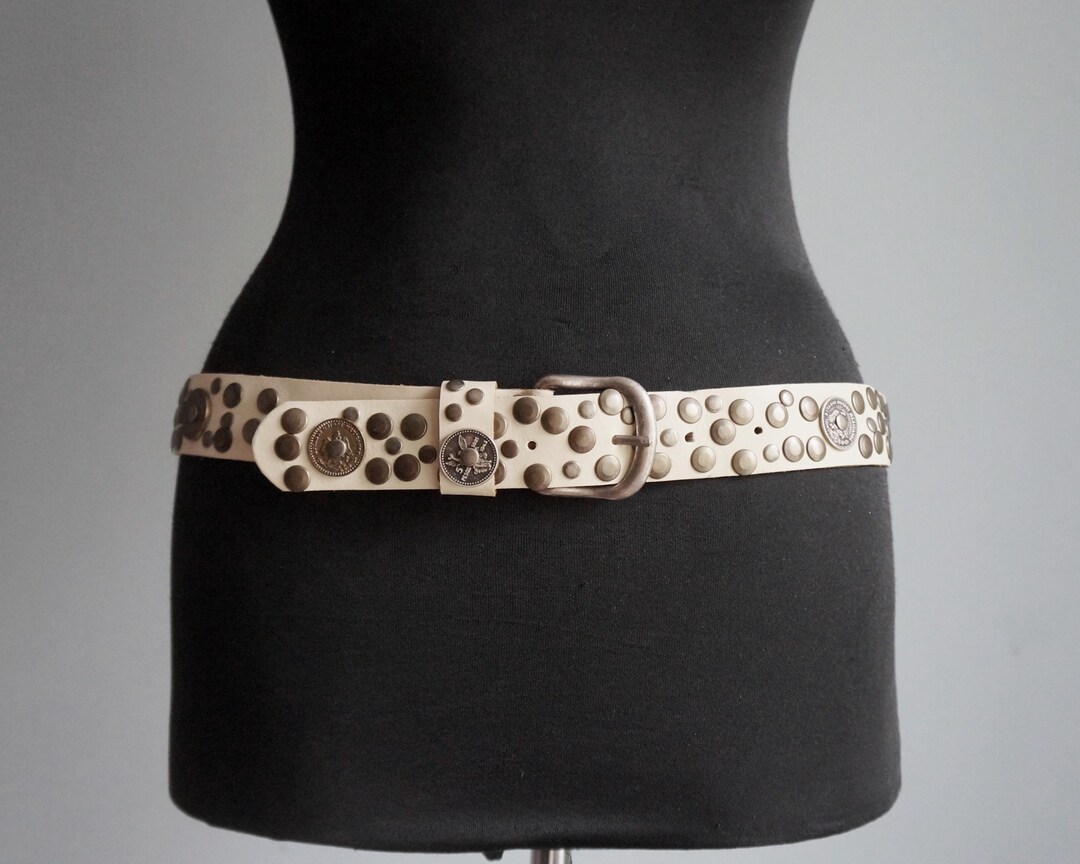 Off White Thick Leather Belt, Brass Rivets and Coins, Waist /low Waist ...