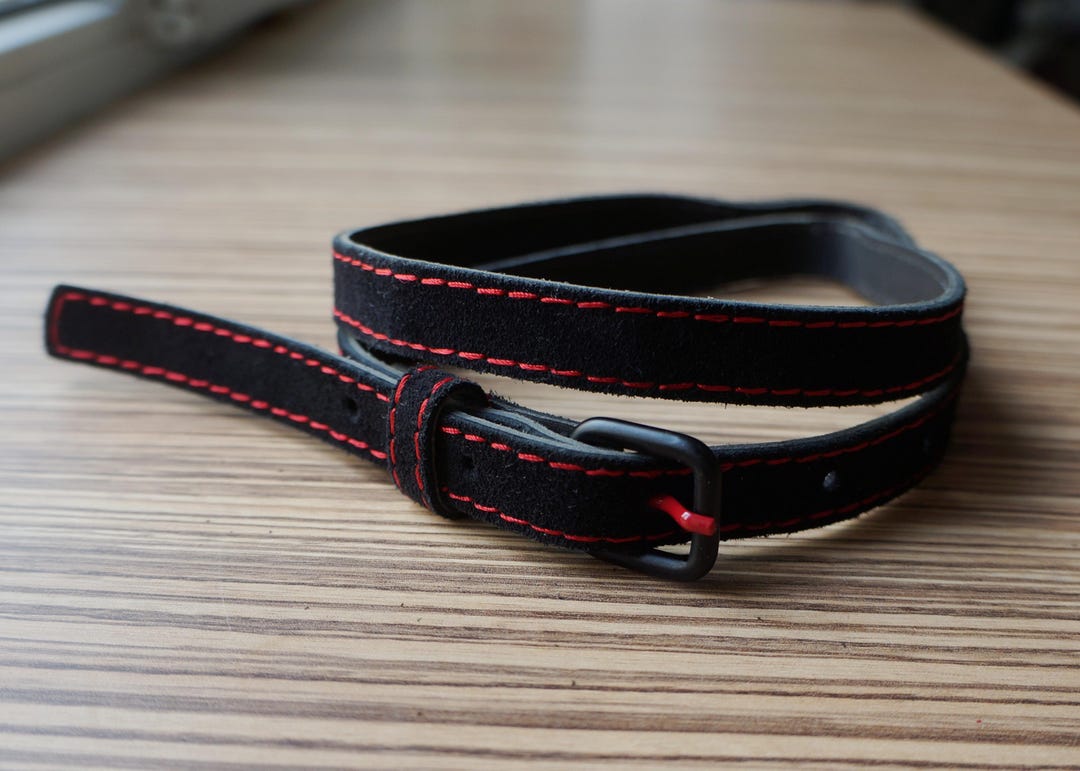 Black and Red Belt, Thick Suede Ultra Narrow Waist Belt, Red Stitches ...