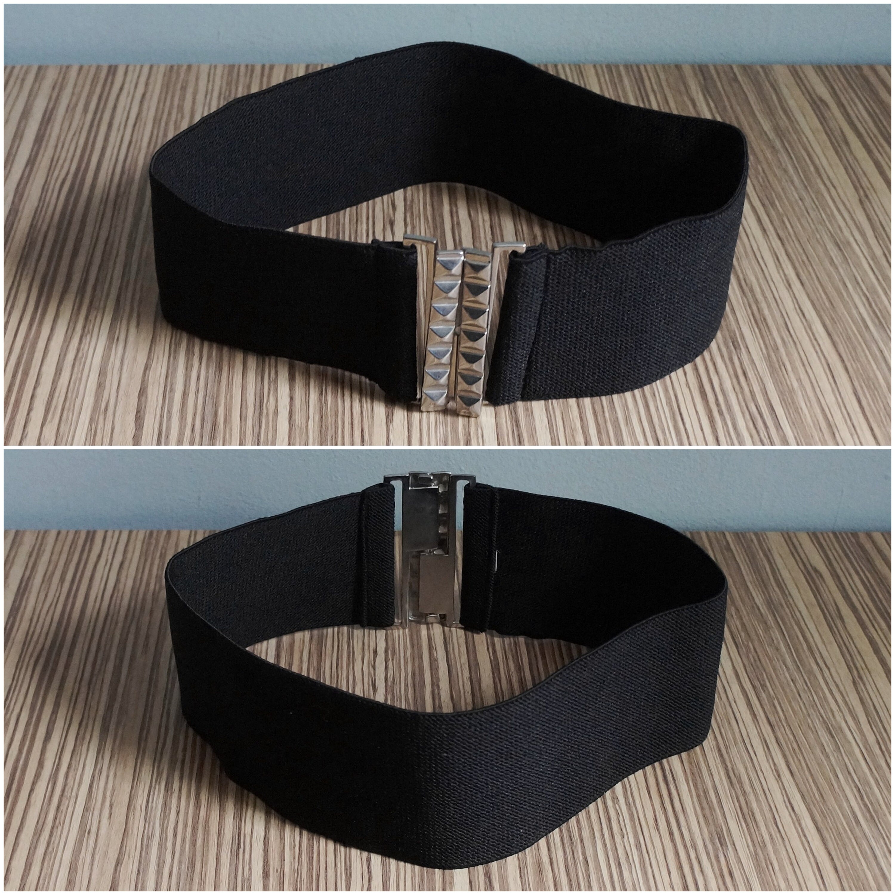 Wide Black Elastic Strap Cinch Belt, Metallic Silver Clasp, Figure ...