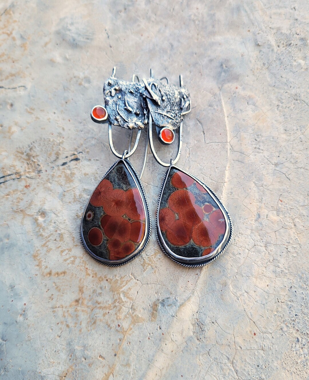 Reticulated Sterling and Peanut Obsidian & Carnelian Artisan Earrings ...