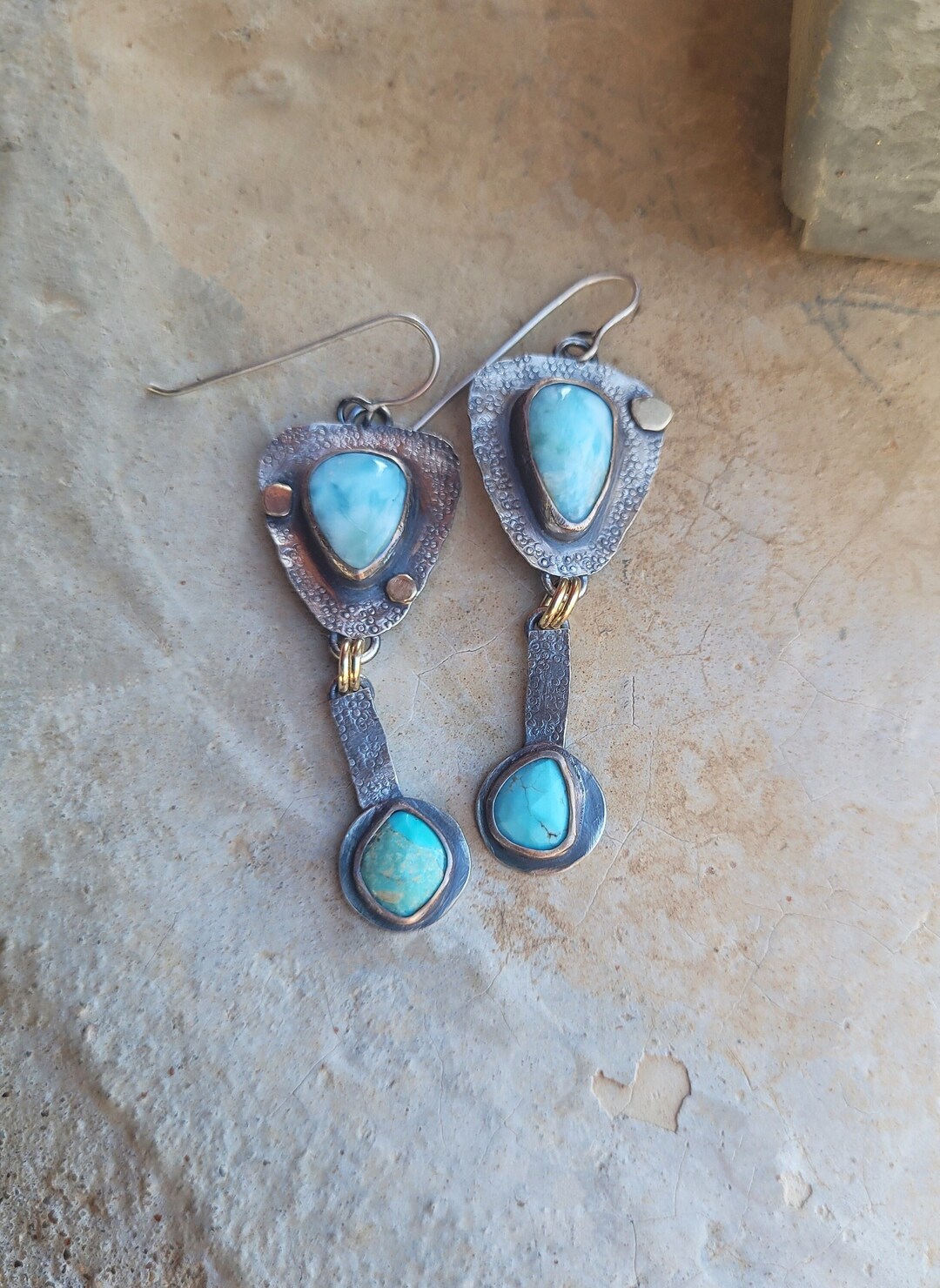 One of A Kind Larimar and Turquoise Earrings, Oxidized Textured Sterling, Brass Bits & Sterling ...