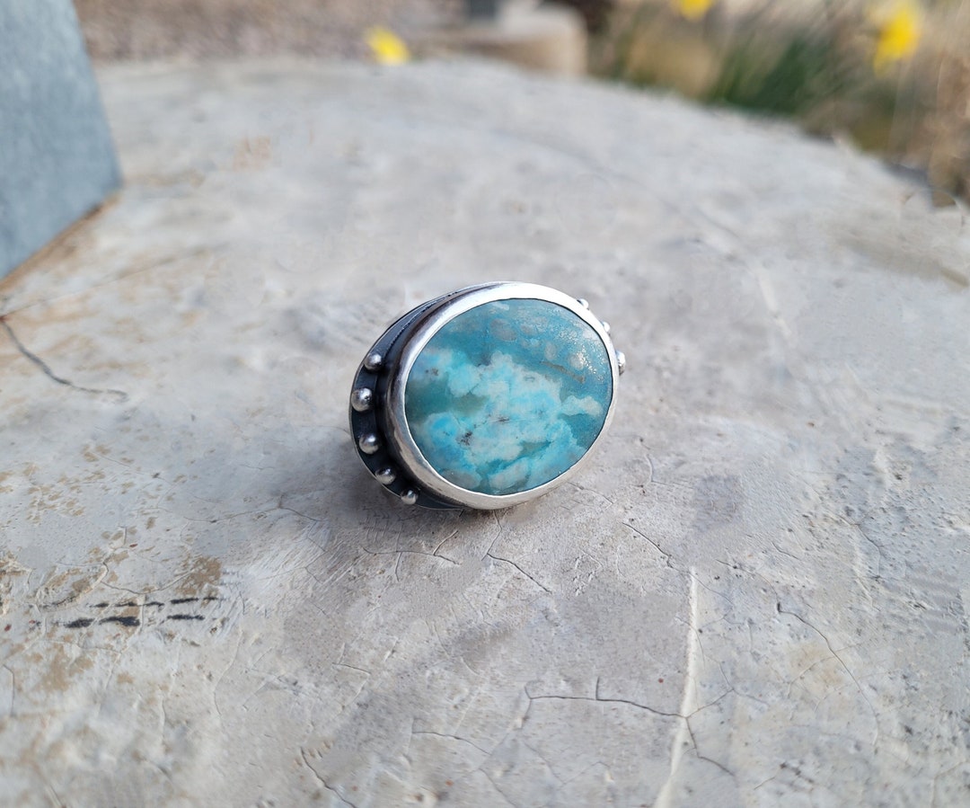 Blue Jasper and Sterling Ring, Big Blue Ring, Adjustable US Size 7.75 ...
