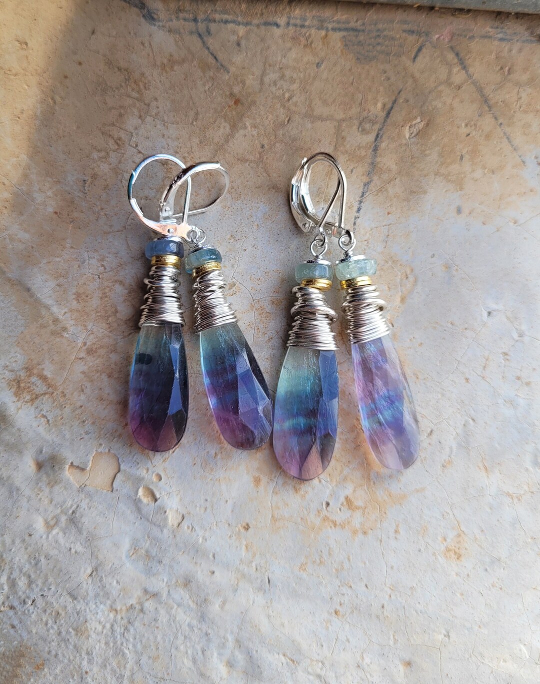 Gorgeous Rainbow Fluorite Mixed Metal Earrings, Blue/green/purple Earrings, Gold Vermeil ...