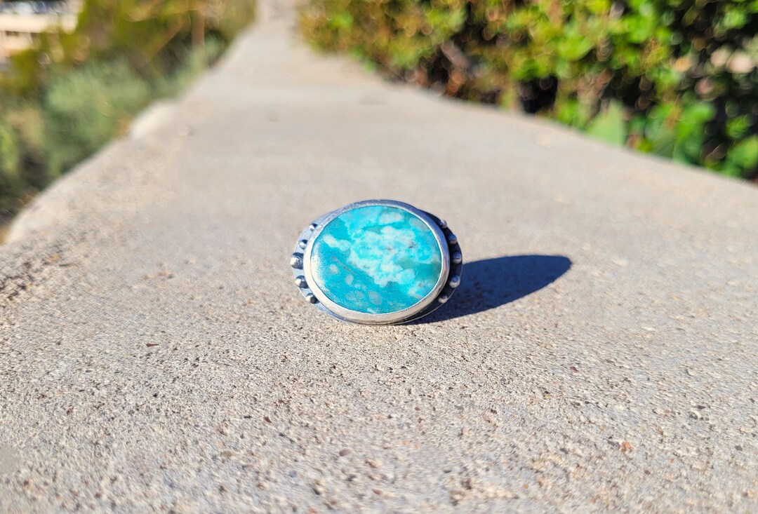 Blue Jasper and Sterling Ring, Big Blue Ring, Adjustable US Size 7.75 ...