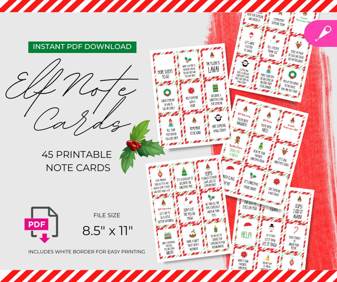 Printable 45 Christmas Elf Note Cards Instant Digital Download Holiday ...