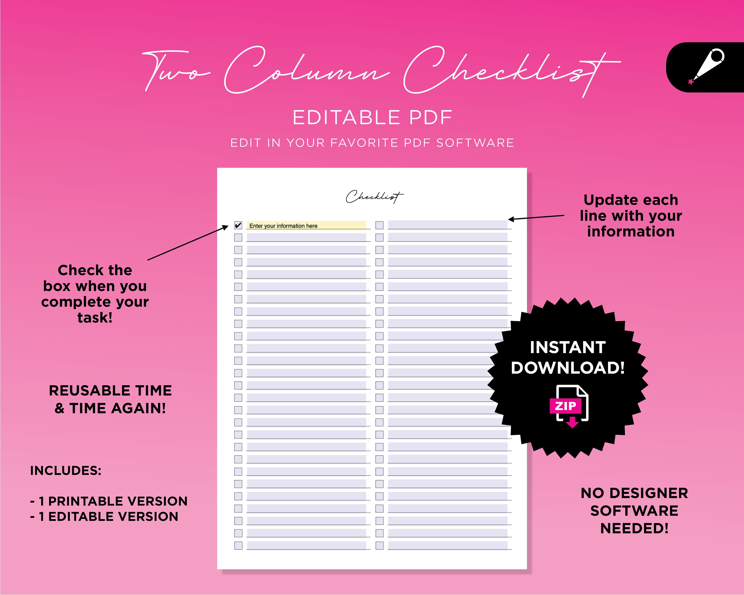 Two Column Checklist Fillable and Printable Template | 8.5 X 11 ...