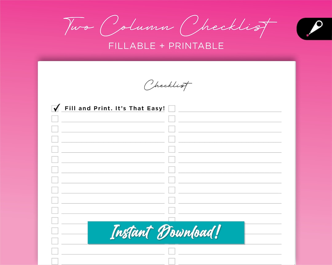 Two Column Checklist Fillable and Printable Template | 8.5 X 11 ...