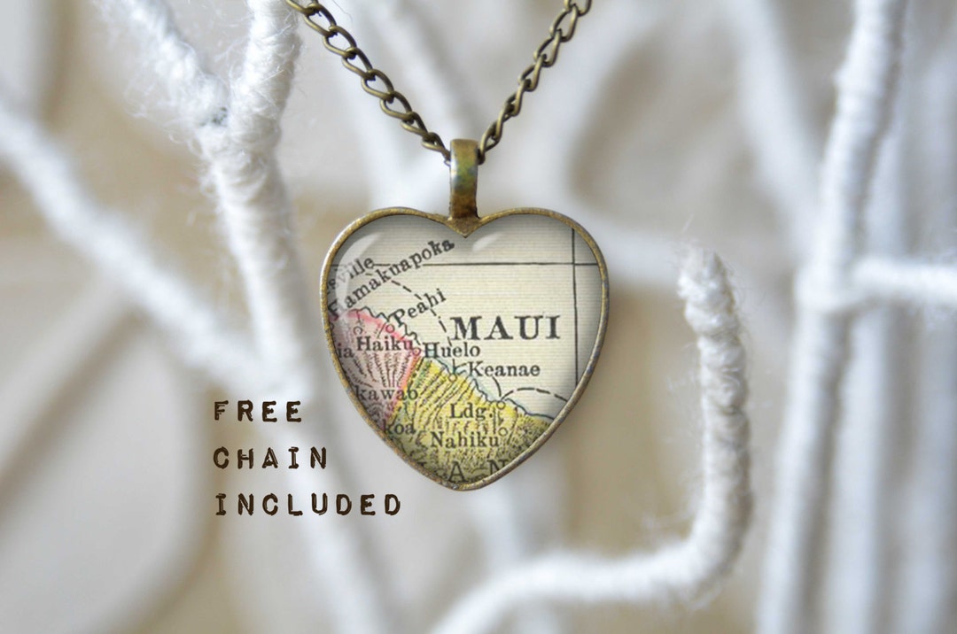 Maui Hawaii Heart Shape Vintage Map Necklace. Location Gift Pendant ...