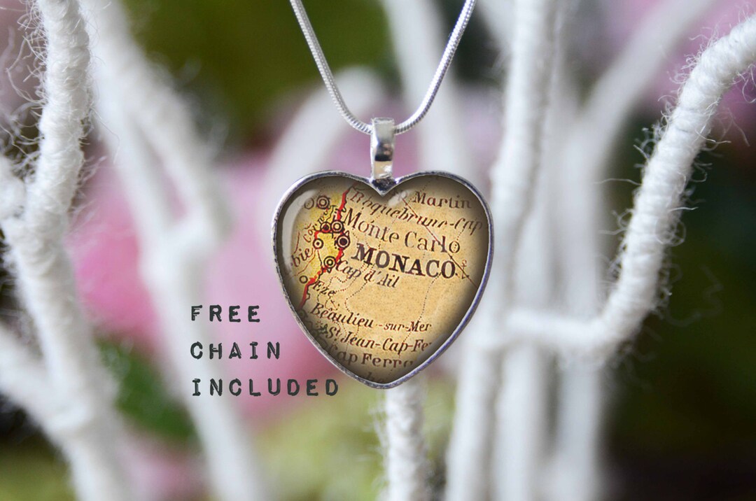 Monaco Heart Shape Vintage Map Necklace. Location Gift Pendant. Free ...