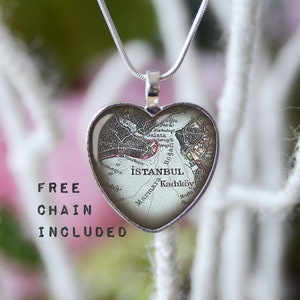 Istanbul Heart Shape Vintage Map Necklace. Location Gift Pendant. Free ...