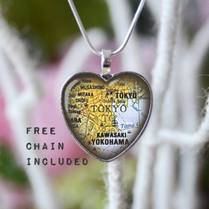 Tokyo Japan Heart Shape Vintage Map Necklace. Location Gift Pendant ...