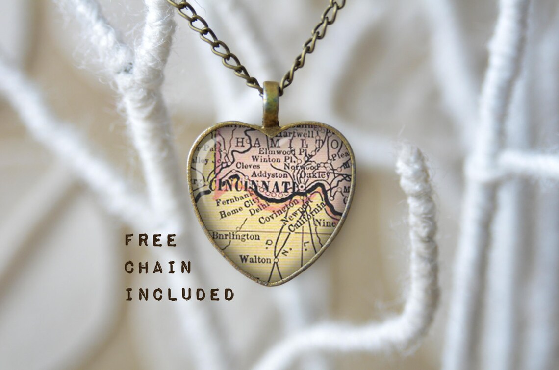 Cincinnati Ohio Heart Shape Vintage Map Necklace. Location - Etsy