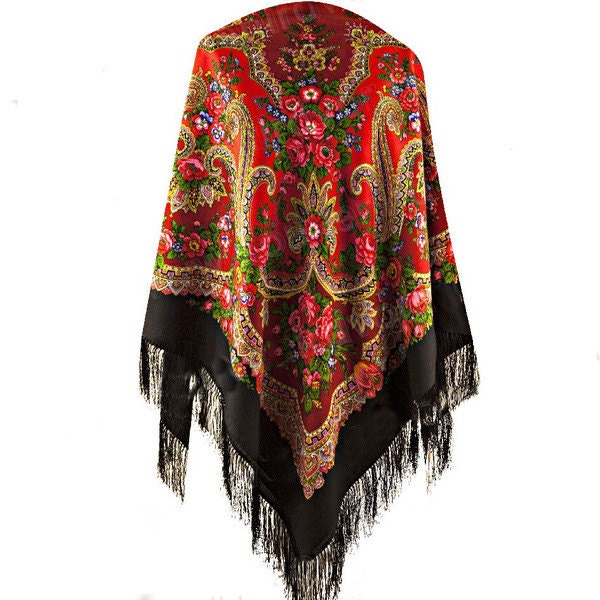 Black and Red Large Gypsy Piano Shawl With Silk Knitted Long Fringe ...