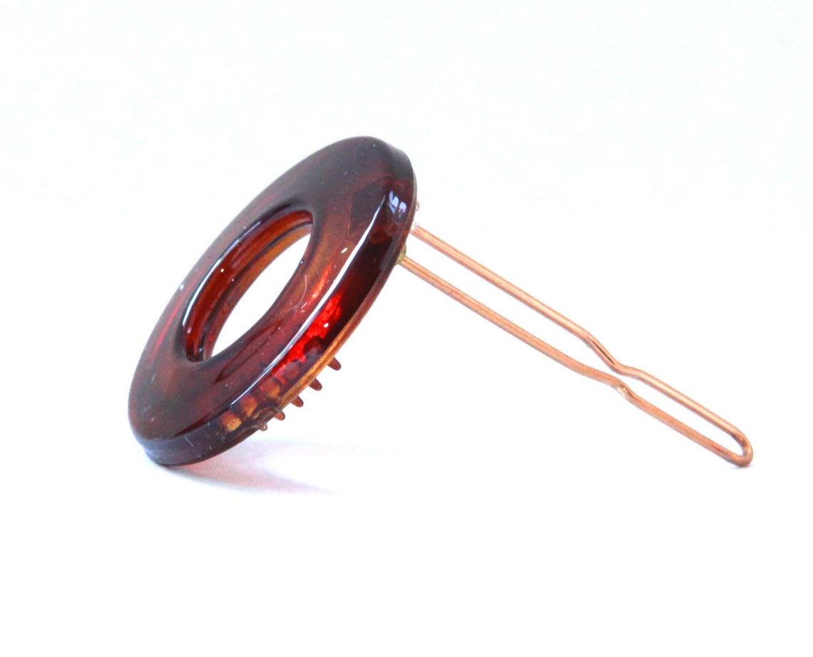 SET OF 2 New French Snap on Hair Pins Barrette Round Celluloid Tortoise ...