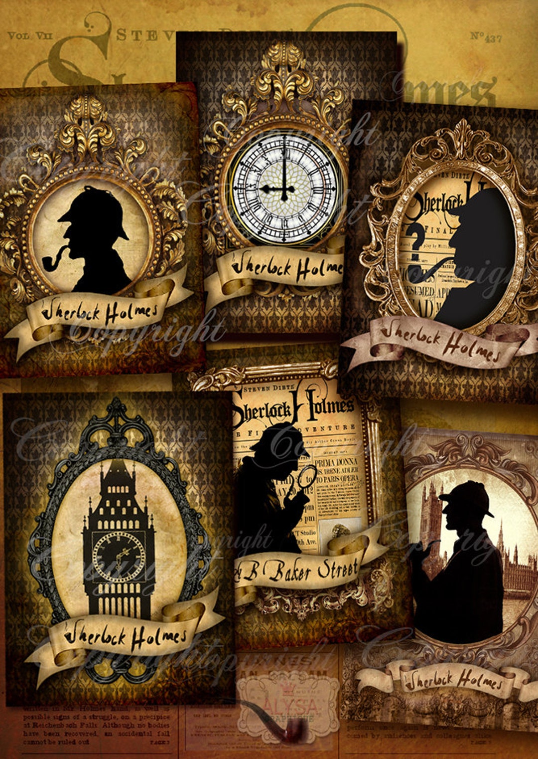 SHERLOCK HOLMES Digital Collage - Decoupage, Silhouette, Greeting Cards ...
