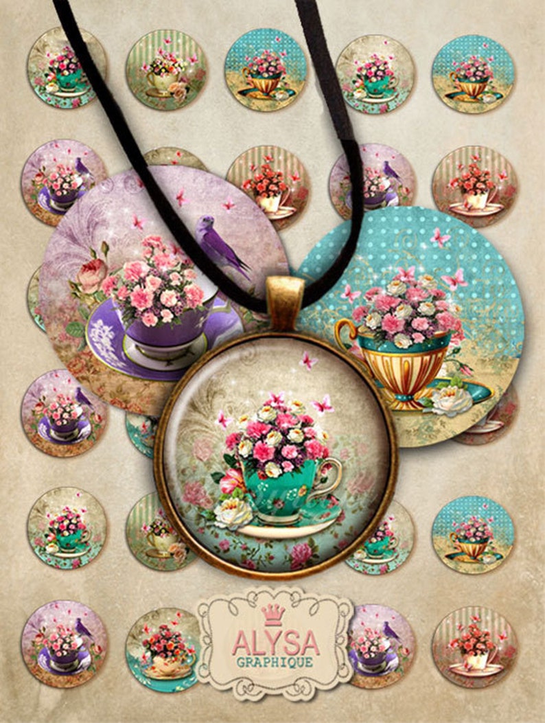TEA CUPS Digital Collage Sheet 1 Inch Circle Digital Downloads | Etsy