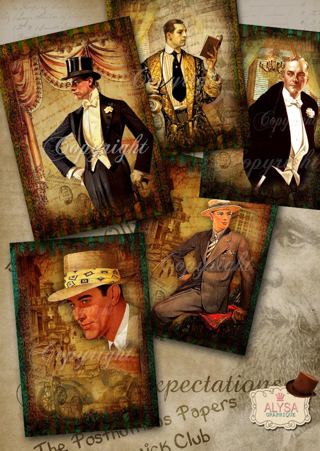 RETRO VINTAGE MEN Art Cards Digital Collage Sheet + 1 Free Postcard ...