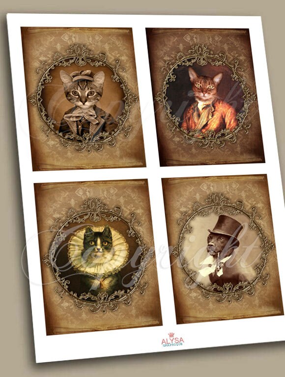 Victorian Dressed Dogs & Cats Digital Collage Sheet, Instant Download ...