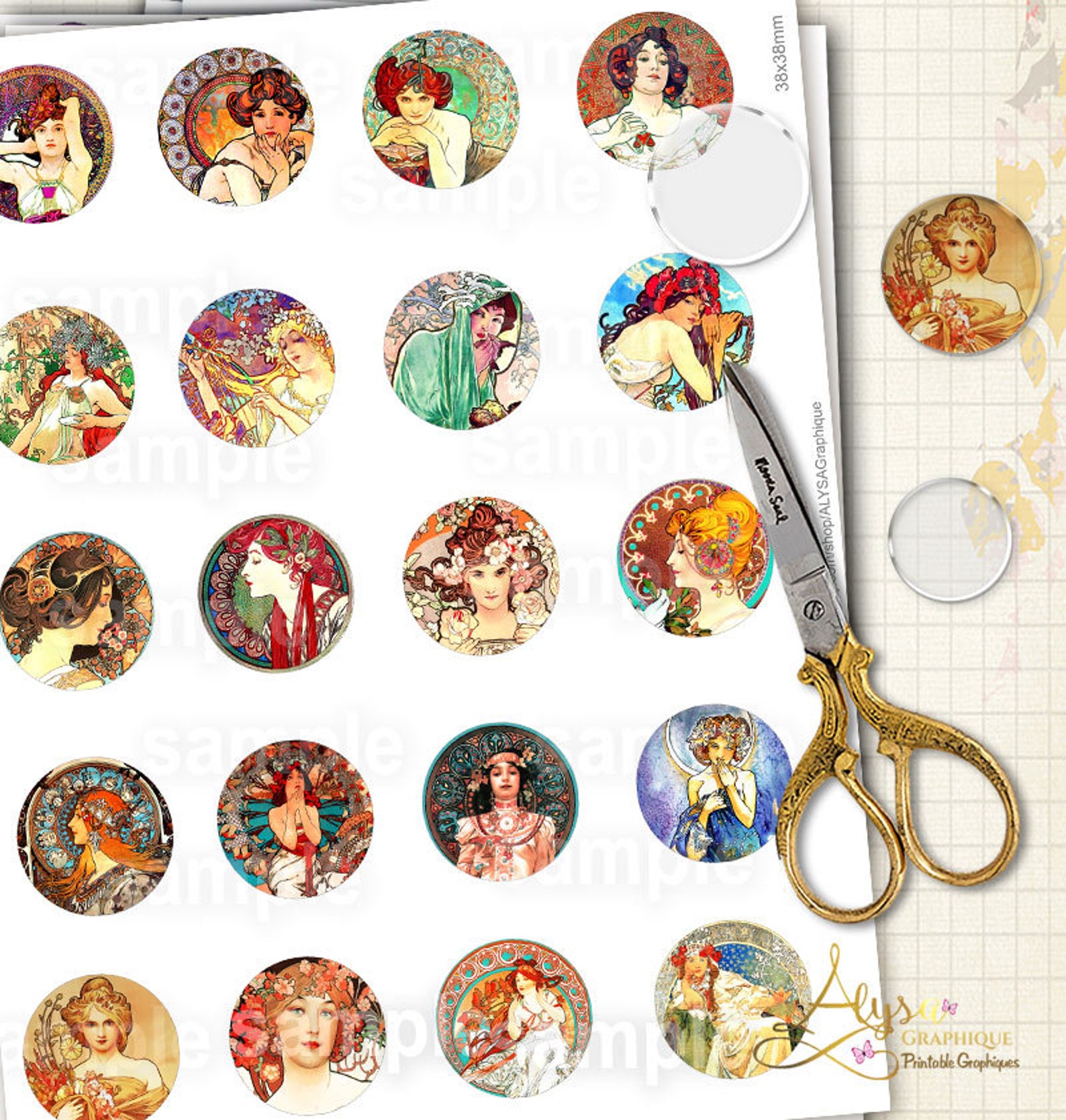 Alphonse Mucha Muses Art Nouveau Digital Collage Sheets 38mm | Etsy
