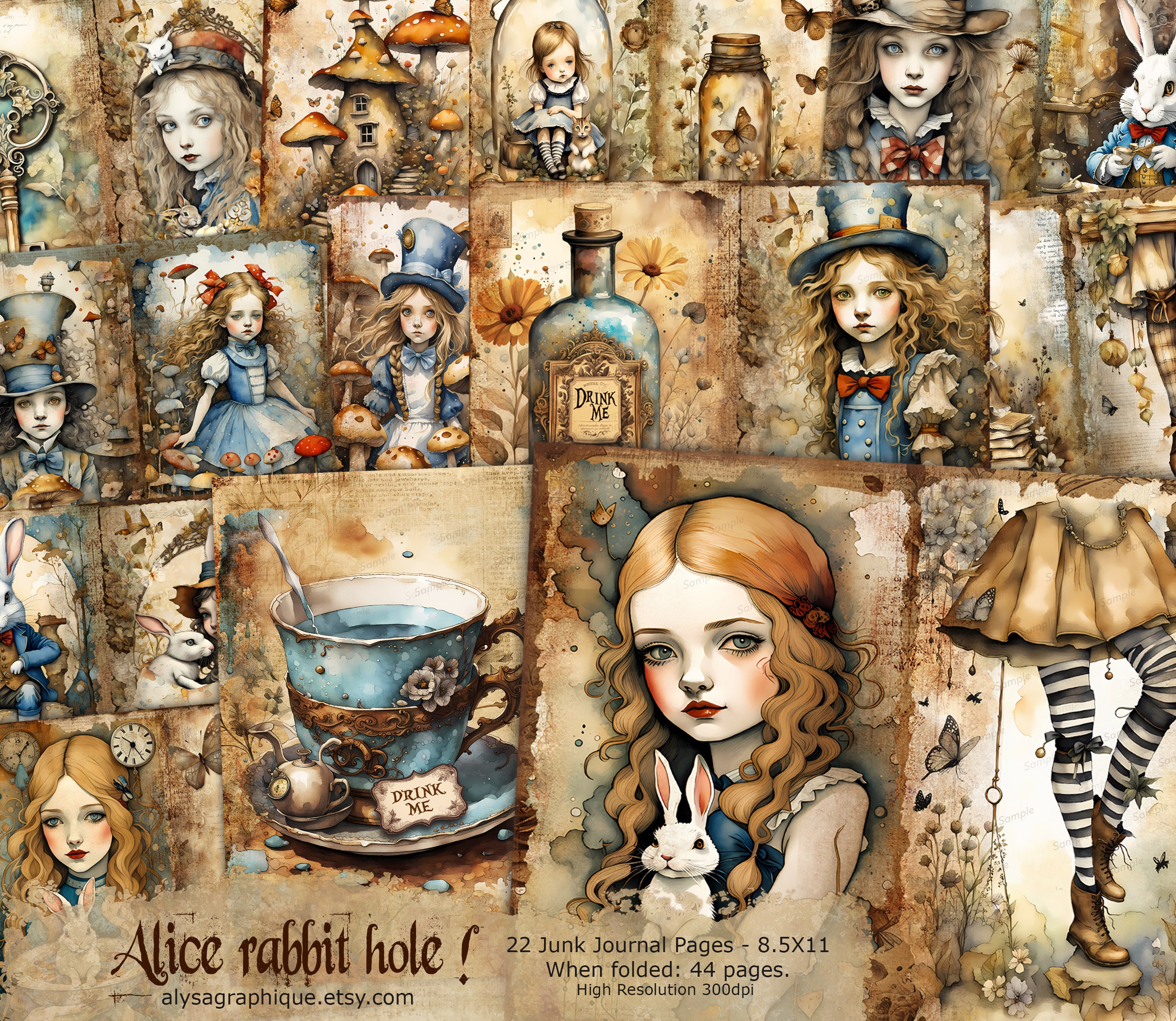 Alice Rabbit Hole Junk Journal Kit, Alice Digital Paper, Vintage ...