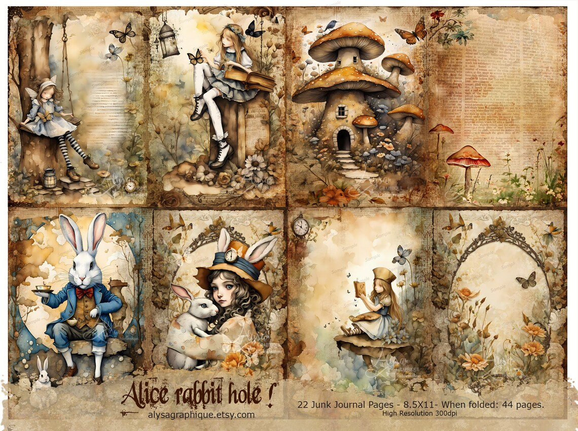 Alice Rabbit Hole Junk Journal Kit, Alice Digital Paper, Vintage ...