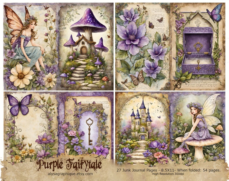 Purple Fairytale Junk Journal Kit, Fantasy Fairy Forest Collage ...