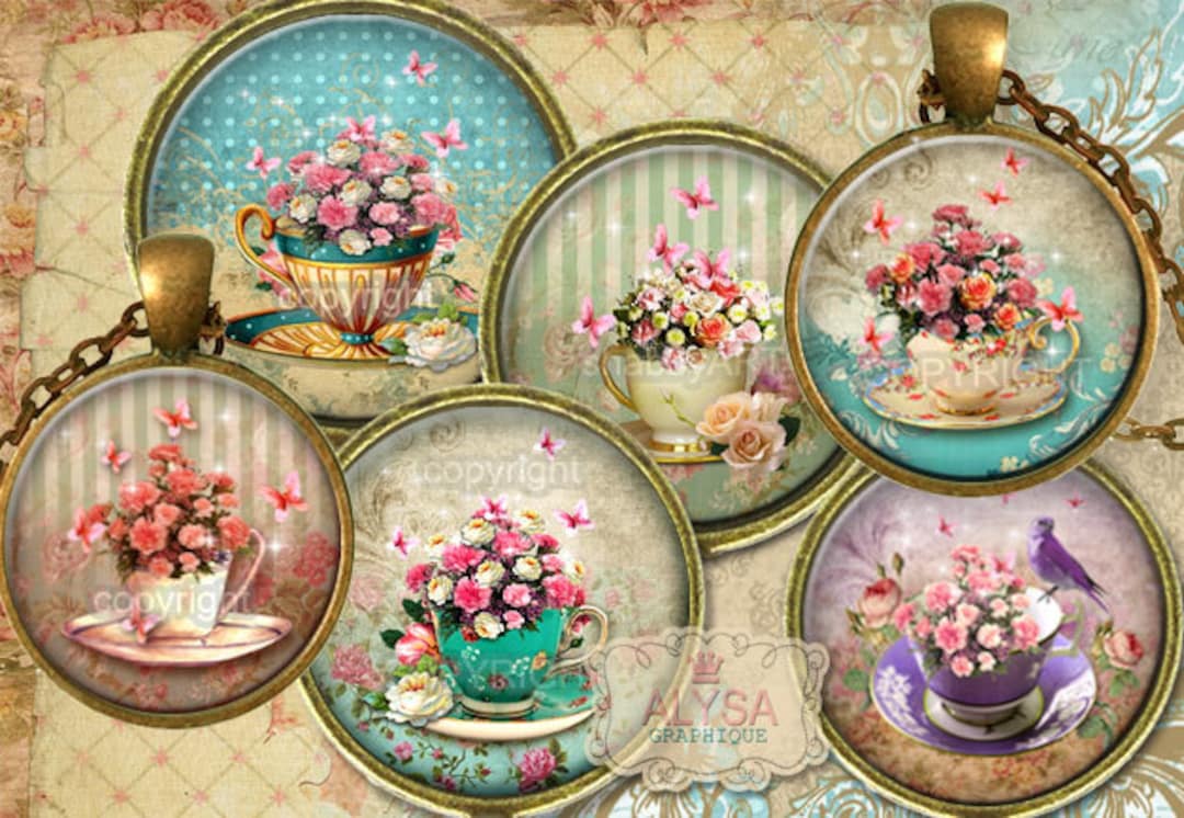 TEA CUPS Digital Collage Sheet 1 Inch Circle Digital Downloads + 30,25 ...