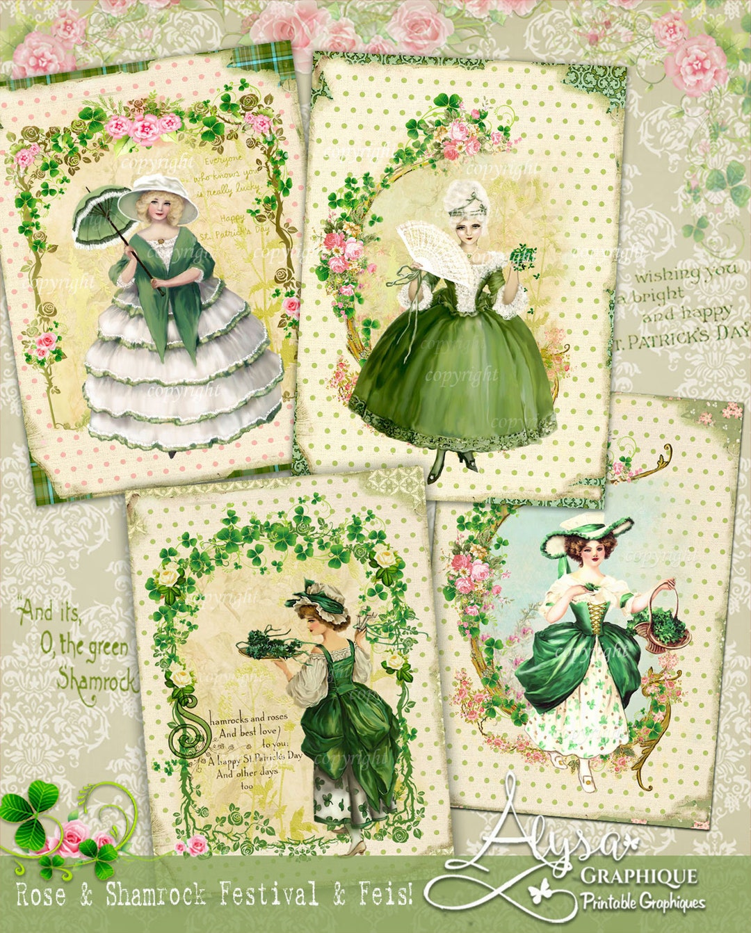 4 Saint Patricks Day Cards Set - Printable Greeting Cards (sizes 3.5"x5 ...