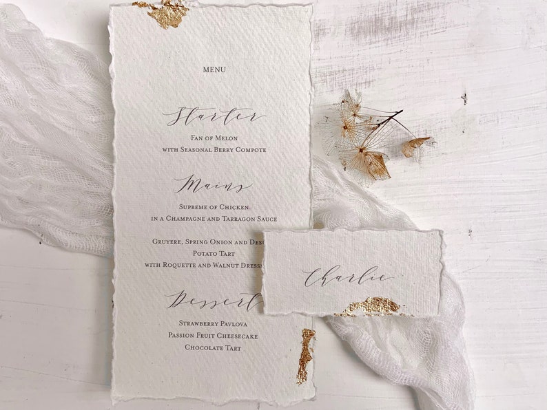 Deckled Edge Menu on Handmade Paper With Gold Leaf Accents | Etsy UK
