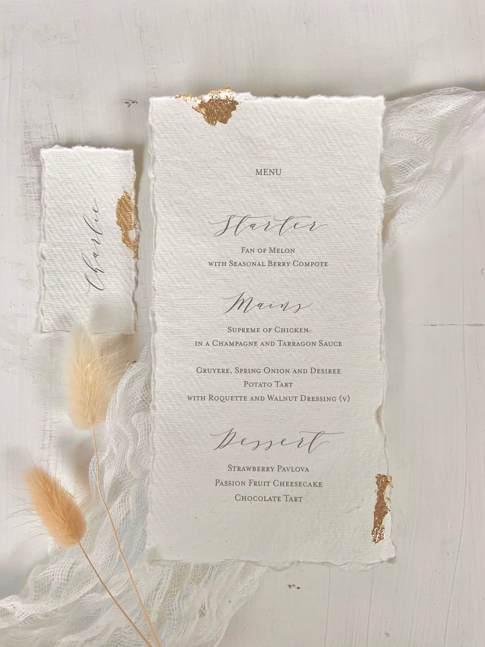 Deckled Edge Menu on Handmade Paper With Gold Leaf Accents | Etsy UK