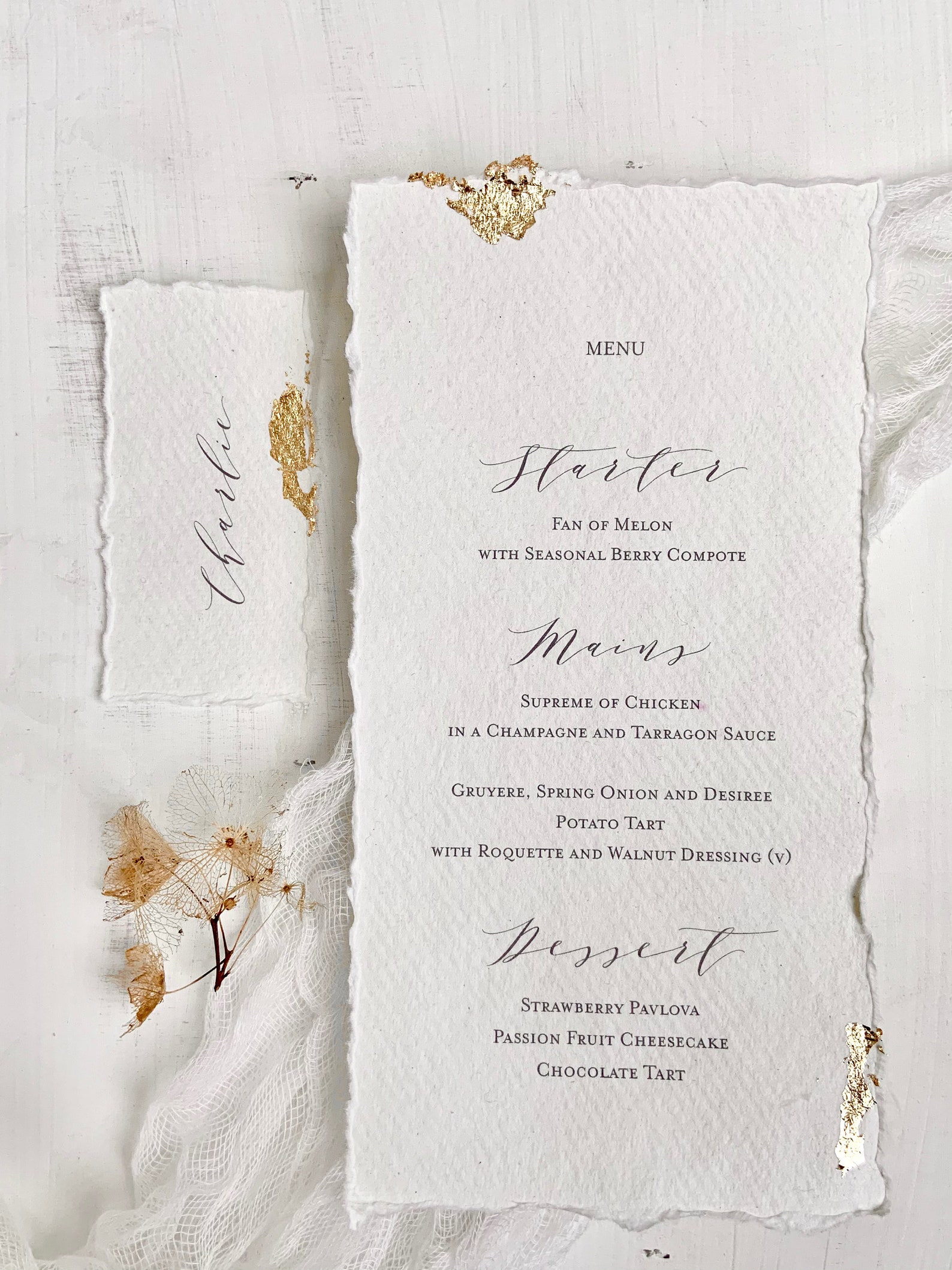 Deckled Edge Menu on Handmade Paper With Gold Leaf Accents | Etsy UK