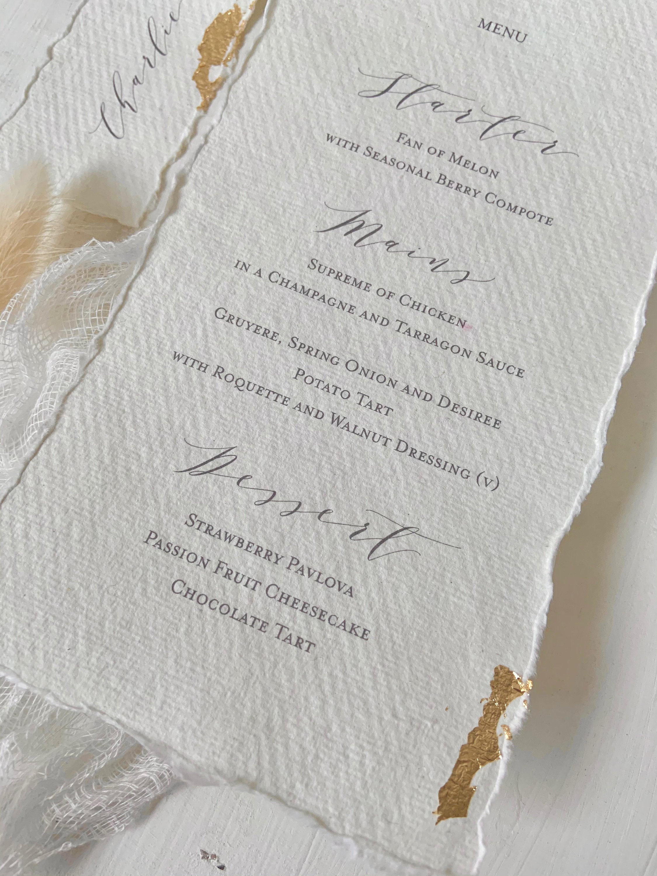 Deckled Edge Menu on Handmade Paper With Gold Leaf Accents | Etsy UK