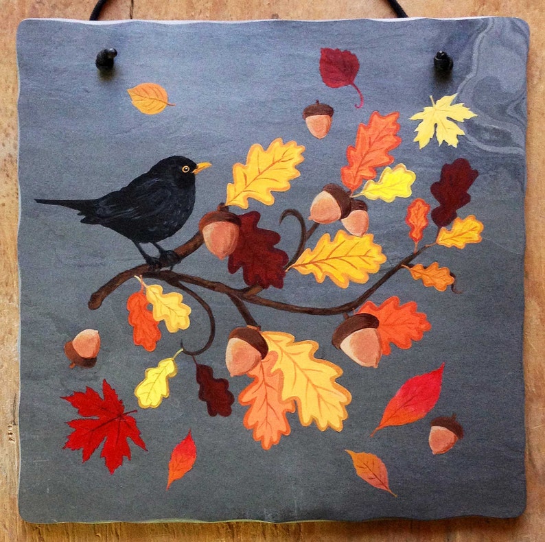 Hand Painted Slate With Fall Scene Has a Blackbird on a - Etsy