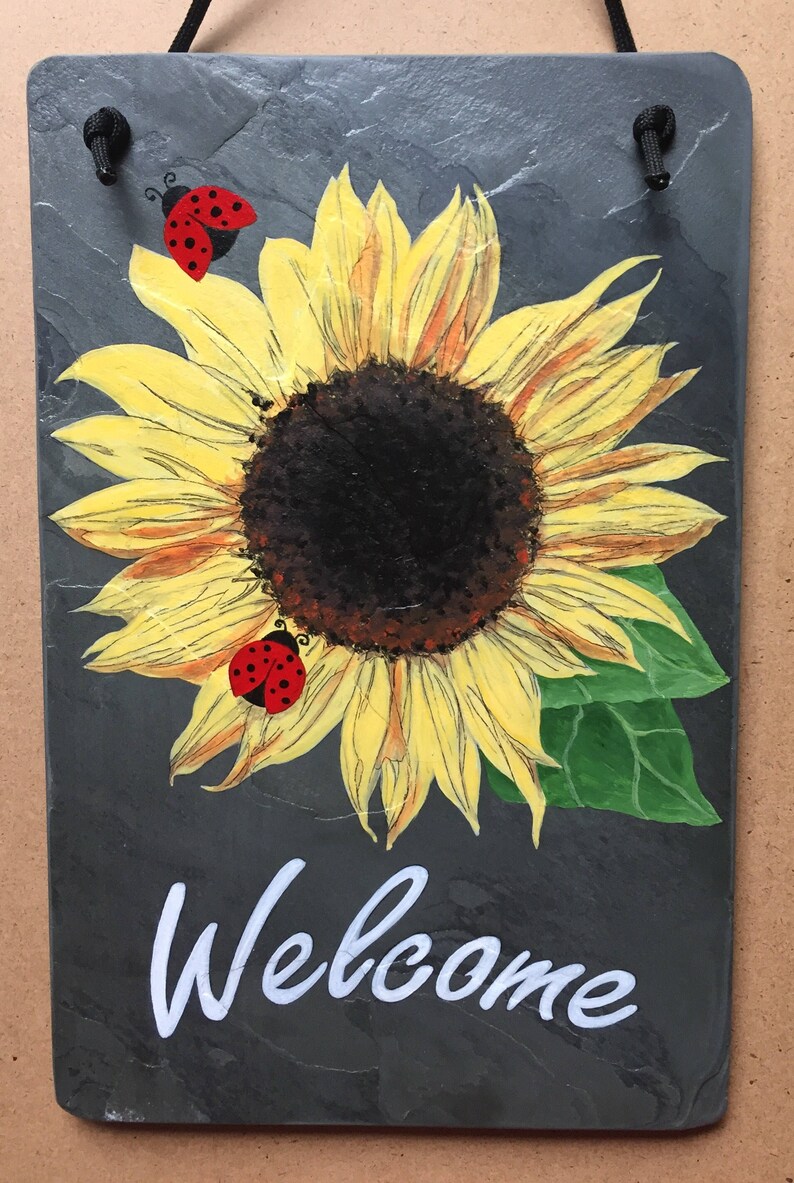 Hand painted slate sunflower welcome sign. 8''W x | Etsy