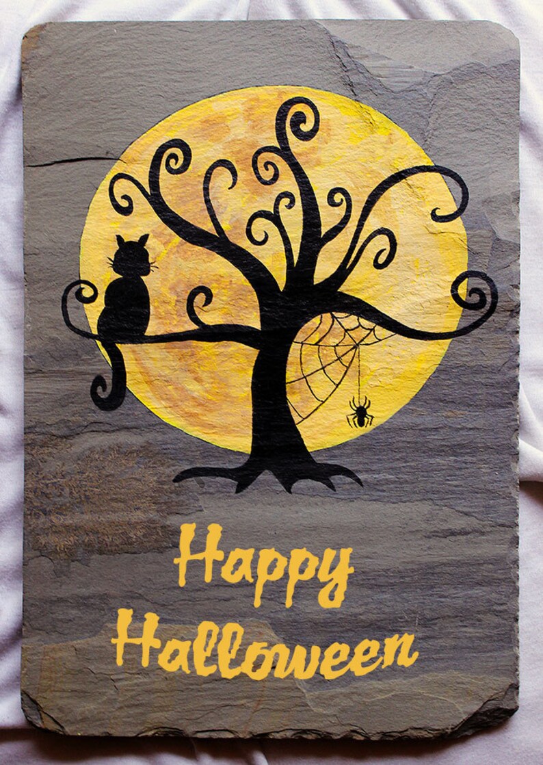 Harvest Moon hand painted slate Happy Holloween sign. | Etsy