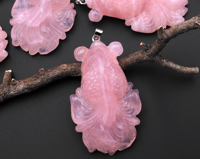 Hand Carved Natural Pink Rose Quartz Goldfish Gemstone Pendant - Etsy