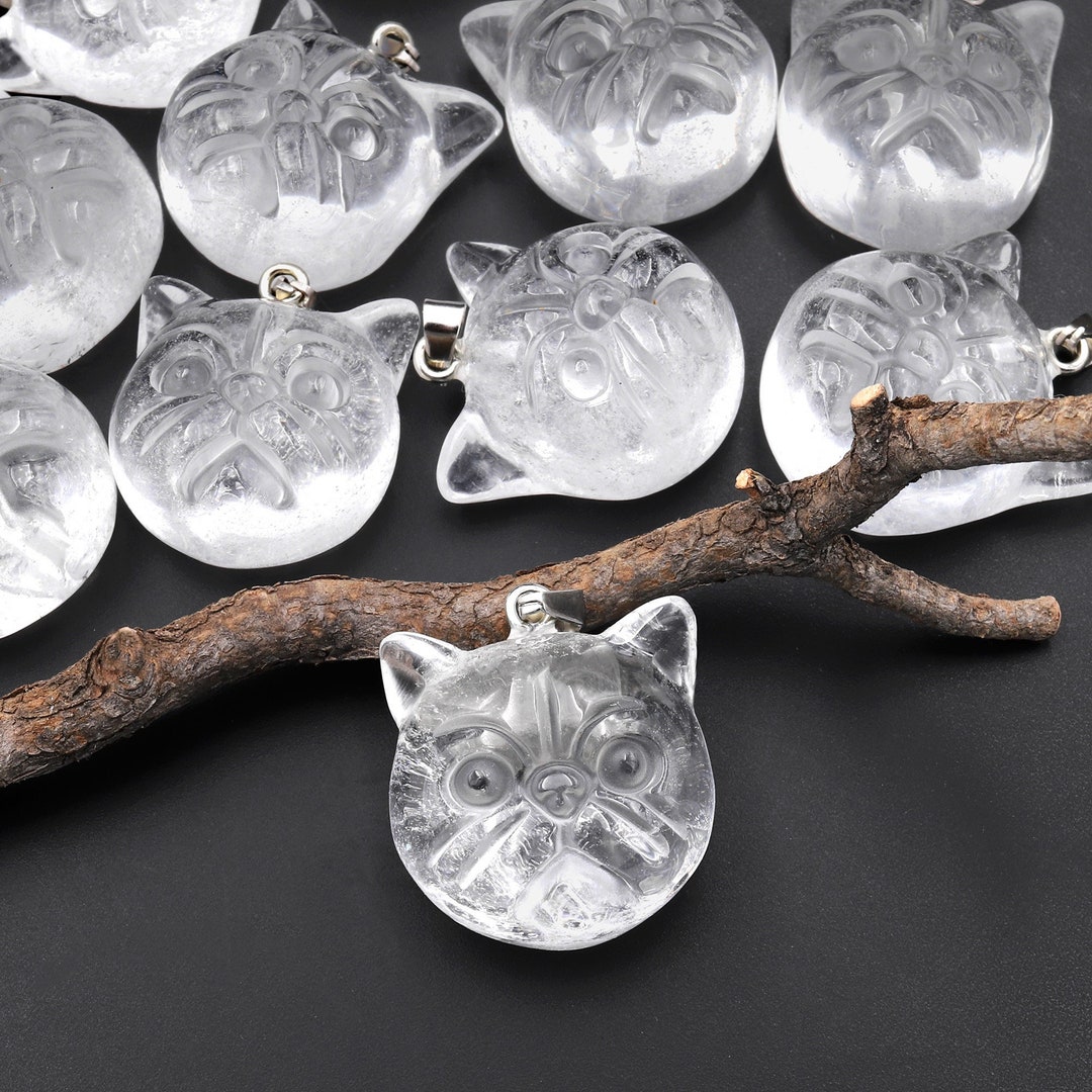 Hand Carved Natural Rock Crystal Quartz Cat Head Pendant Gemstone ...