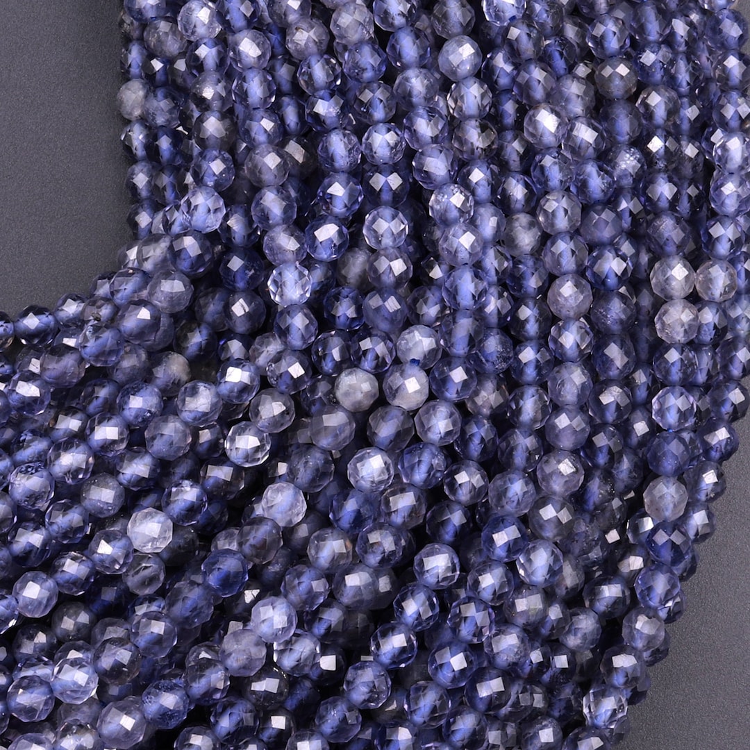 AAA Natural Blue Iolite Faceted 2mm 3mm 4mm Round Beads Genuine Real ...