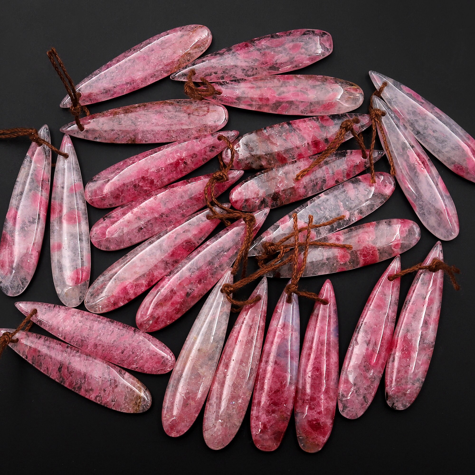 Natural Gemmy Red Pink Rhodonite in Quartz Earring Pair Teardrop ...