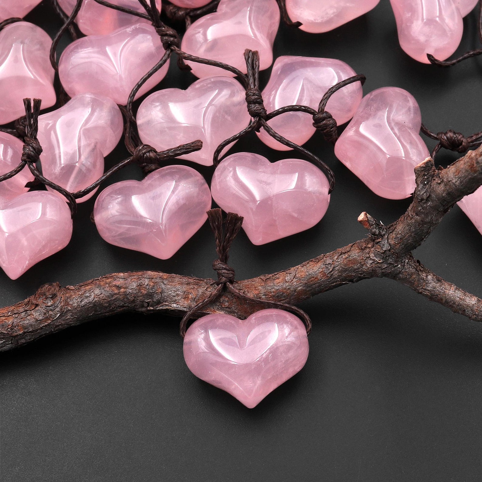 AAA Natural Pink Rose Quartz Puffy Heart Pendant Side Drilled Gemstone ...
