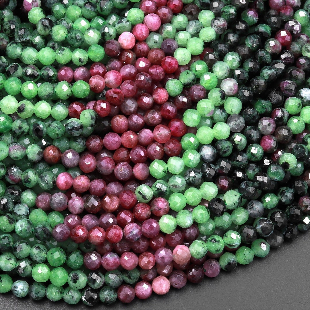 Faceted Natural Red Ruby Green Zoisite 3mm 4mm Faceted Round Beads Laser Diamond Cut Gemstone 15 ...